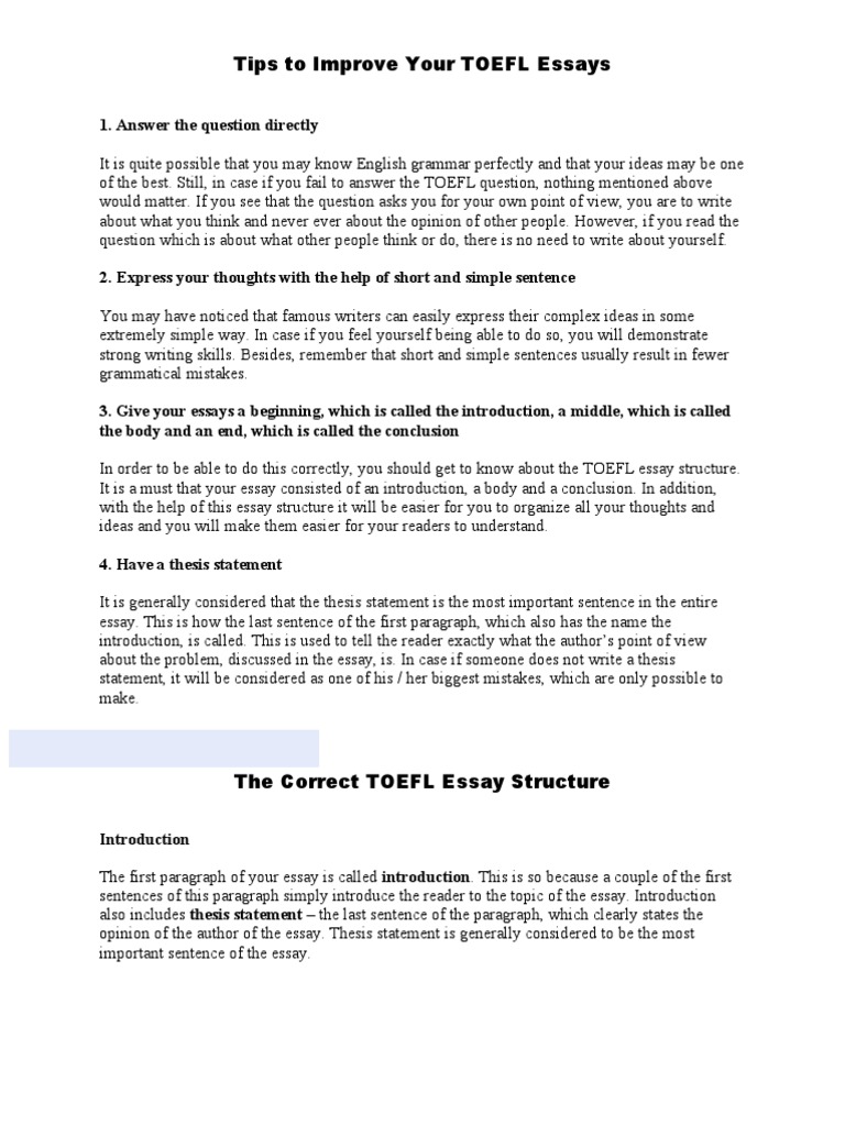 Tips To Improve Your TOEFL Essays | PDF | Essays | Test Of English As A ...