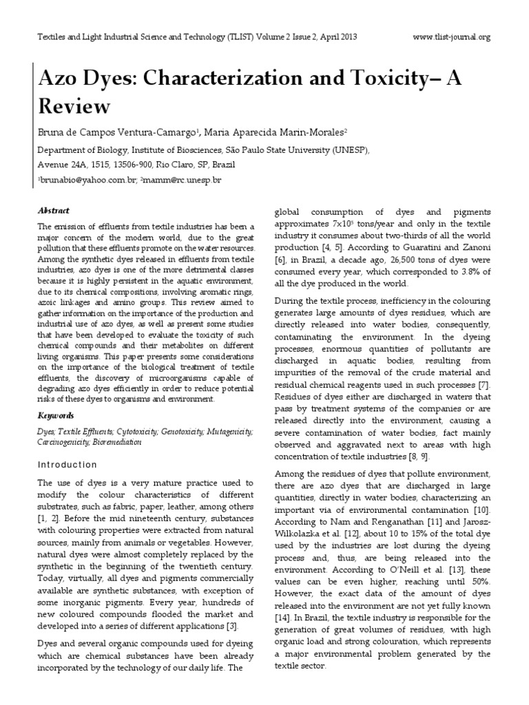 Azo Dyes: Characterization and Toxicity - A Review | PDF | Dye | Mutagen