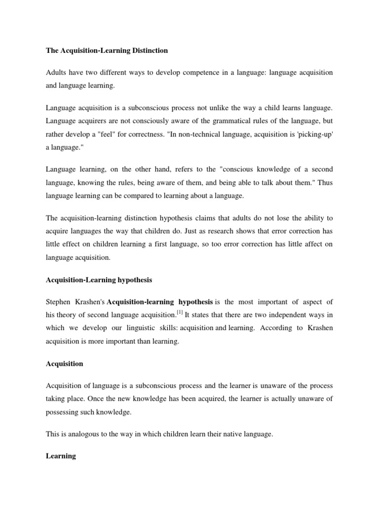 The Acquisition Learning Distinction Pdf Second Language Language