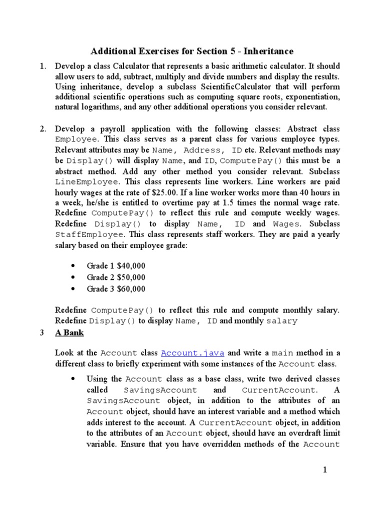Additional Exercises Pdf Inheritance Object Oriented Programming Method Computer
