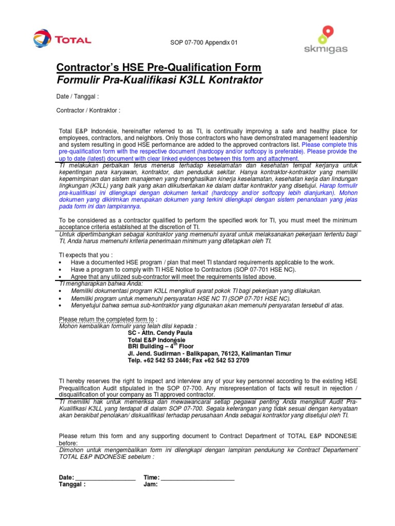 SOP 07-700 Appendix 01 - Contractor's HSE Pre-Qualification Form (BIL ...