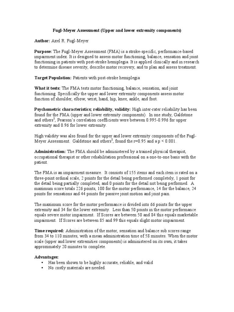 Fugl-Meyer Assessment (Upper and Lower Extremity Components) | PDF ...