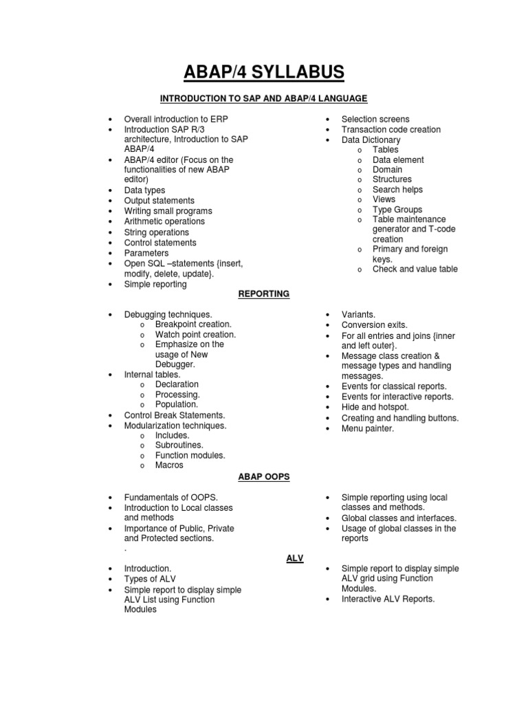 SAP ABAP Course Content | PDF | Subroutine | Class (Computer Programming)