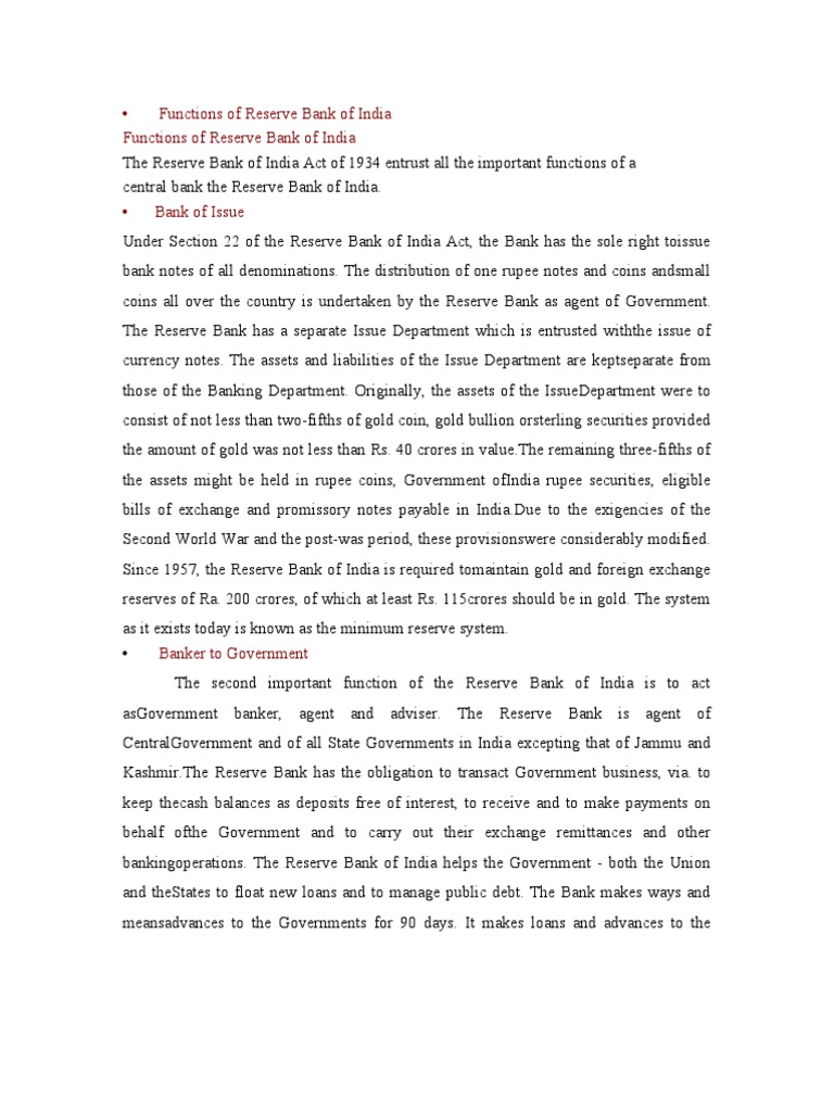 Functions of Reserve Bank of India Functions of Reserve Bank of India ...