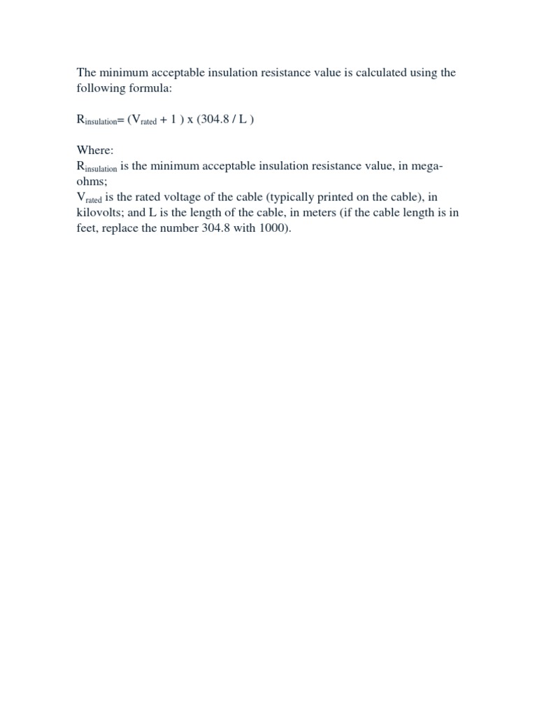 Cable Insulation Resistance Formula | PDF