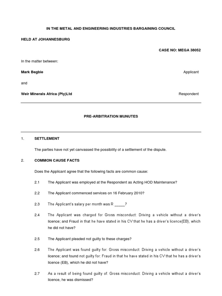 Pre-Arbitration Minutes: Begbie vs Weir | PDF | Evidence | Employment