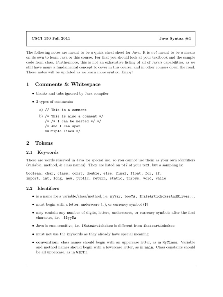 CSCI 150 Java Syntax Notes for Getting Started | PDF | Parameter ...