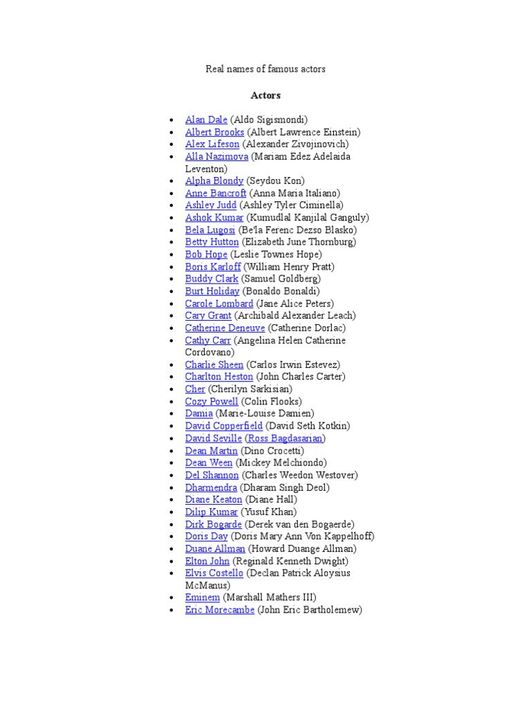 Real Names of Famous Actors List | PDF | American Film Actors ...