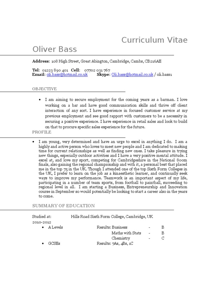 Oliver Bass CV June | PDF | Business | Further Education