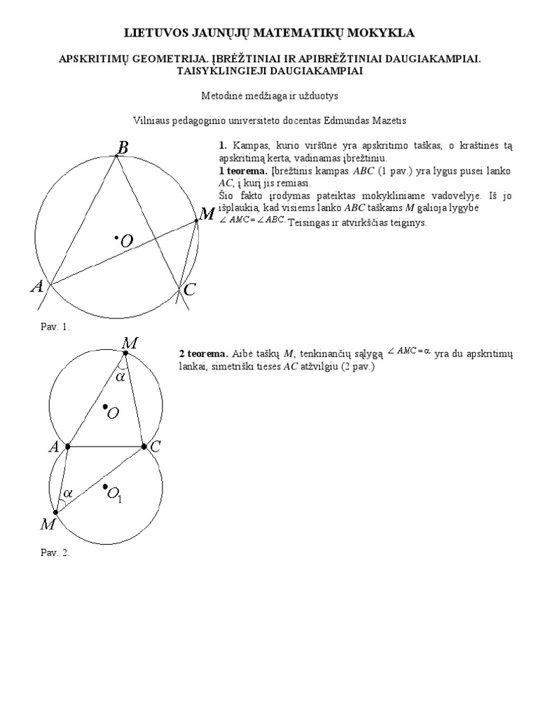 1999-2001m. 2. Apskritimo Geometrija. Įbrėžtiniai Ir Apibrėžtiniai ...