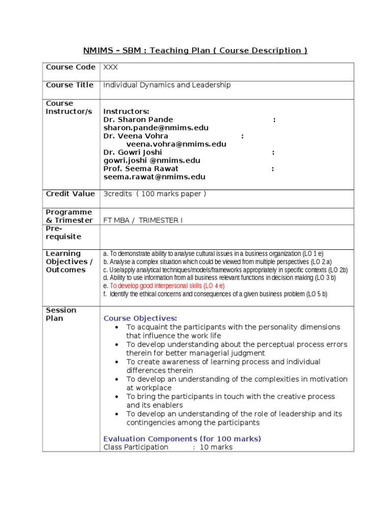 Course Outline Individual Dynamics and Leadership 2013 | PDF ...