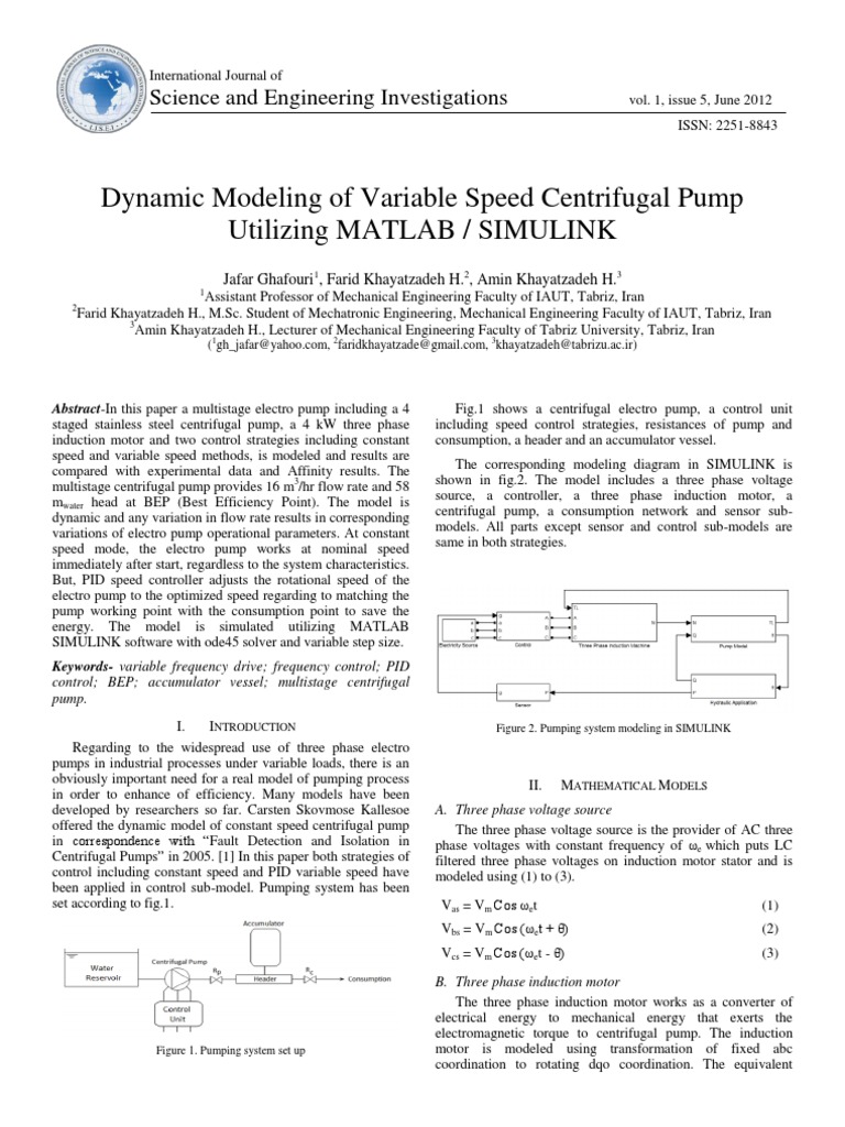 Dynamic Modeling Of Variable Speed Centrifugal Pump Utilizing Matlab Simulink Pdf Electric