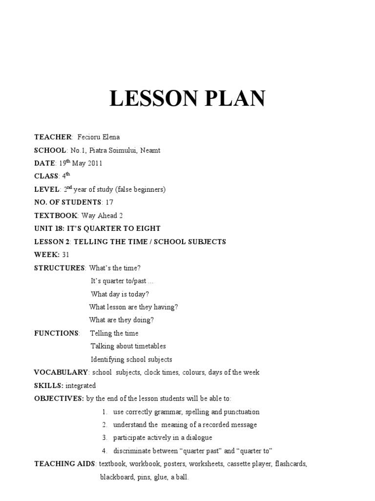 Plan Telling Time School Subjects 4th | PDF | Lesson Plan | Teachers