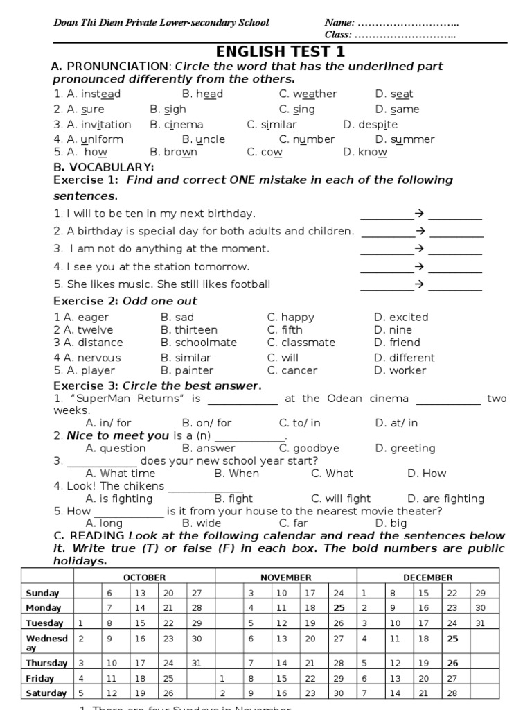 English Test 1: Doan Thi Diem Private Lower-Secondary School Name ...