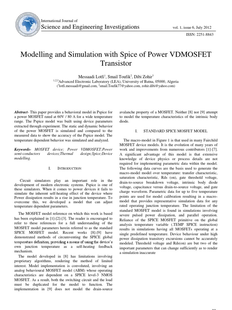 Modelling and Simulation With Spice of Power VDMOSFET Transistor ...