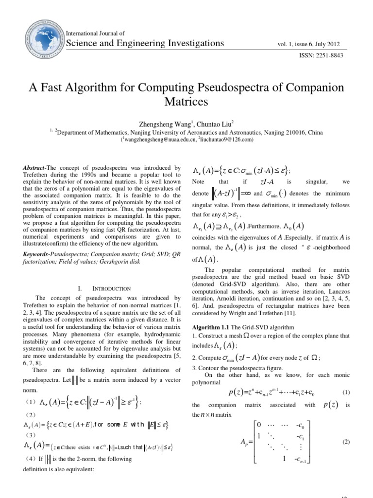 A Fast Algorithm For Computing Pseudospectra of Companion Matrices | PDF | Matrix (Mathematics ...