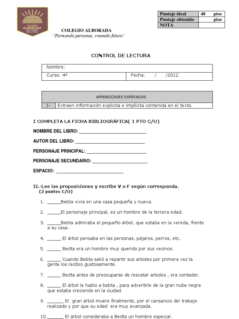 Prueba de Lectura El Rescatador de Árboles. | PDF