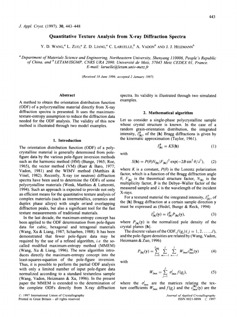 Quantitative Texture Analysis From X-Ray Spectra - J Appl Cryst | PDF | X Ray Crystallography ...