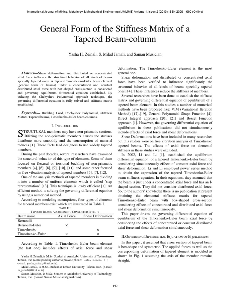 General Form of The Stiffness Matrix of A Tapered Beam-Column | PDF ...
