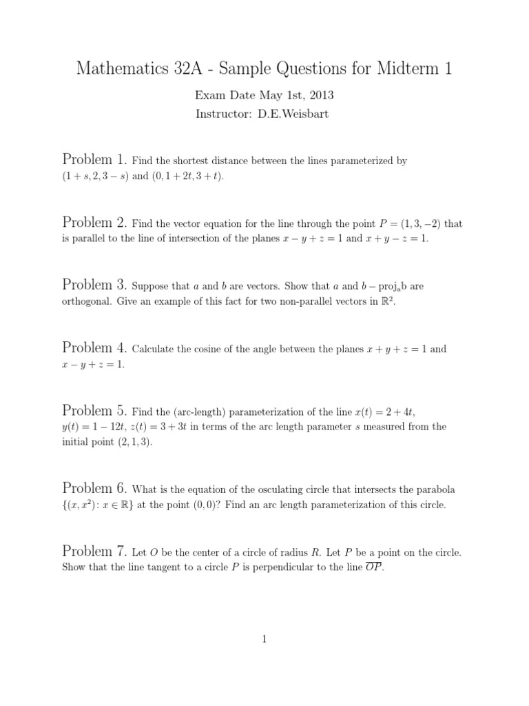 Mathematics 32A - Sample Questions For Midterm 1: Problem 1 | PDF