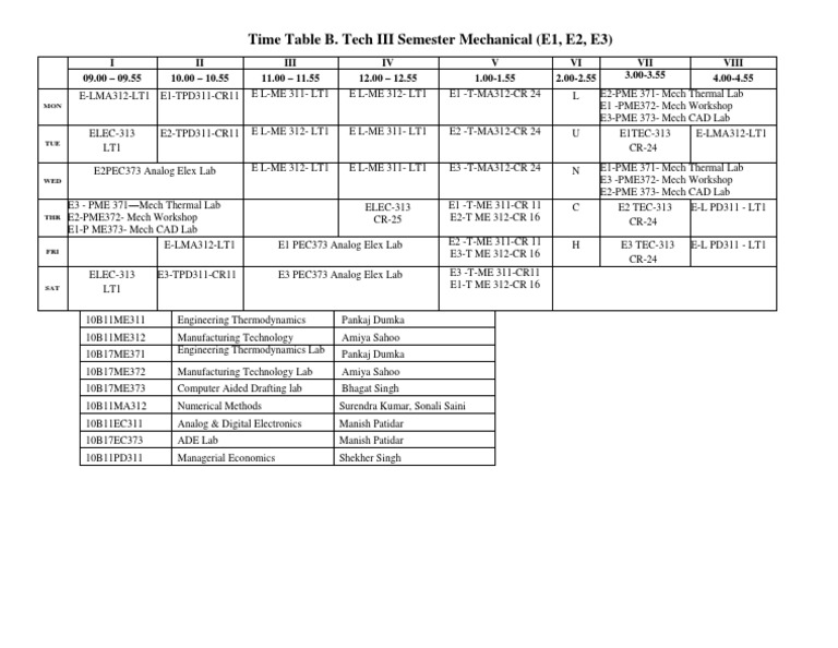 Time Table B. Tech III Semester Mechanical (E1, E2, E3) | PDF ...