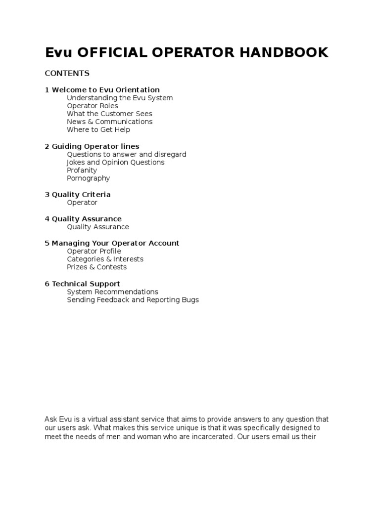 Evu Official Operator Handbook: 1 Welcome To Evu Orientation | PDF ...