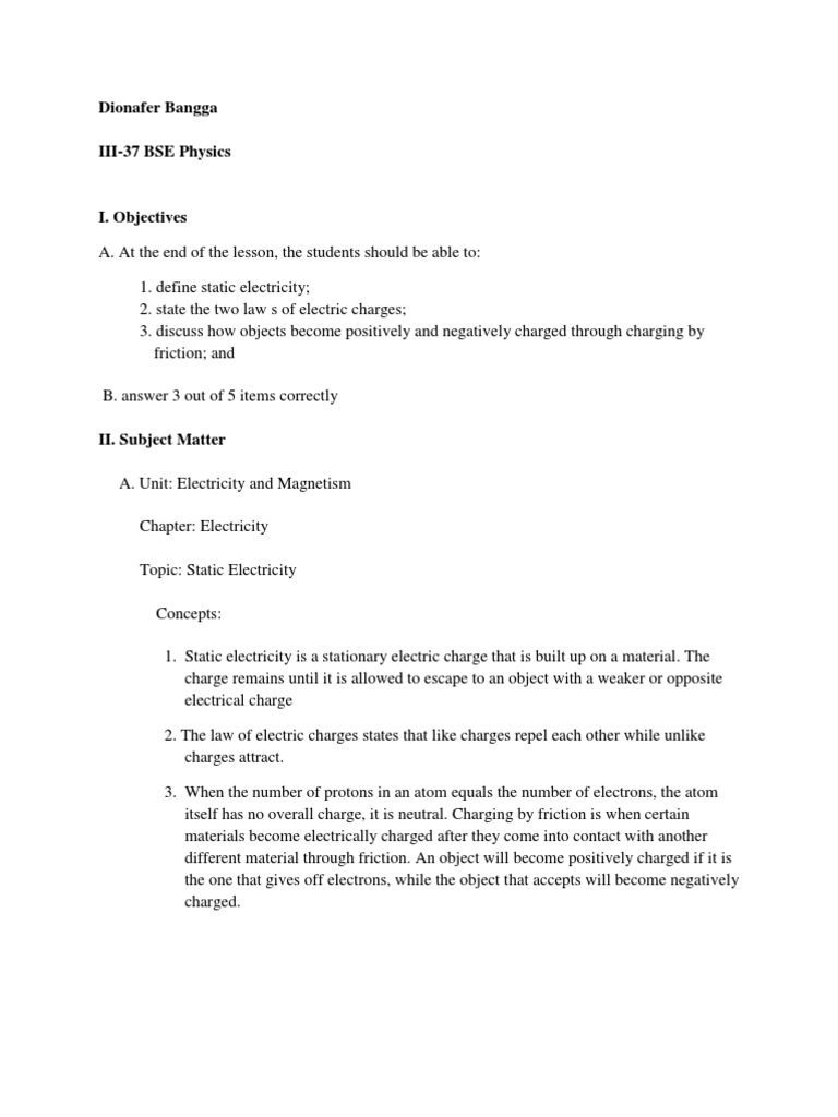 Detailed Lesson Plan For Static Electricity | PDF | Electric Charge ...