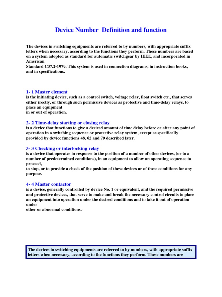 Device Number Definition and Function: 1-1 Master Element | PDF | Relay ...
