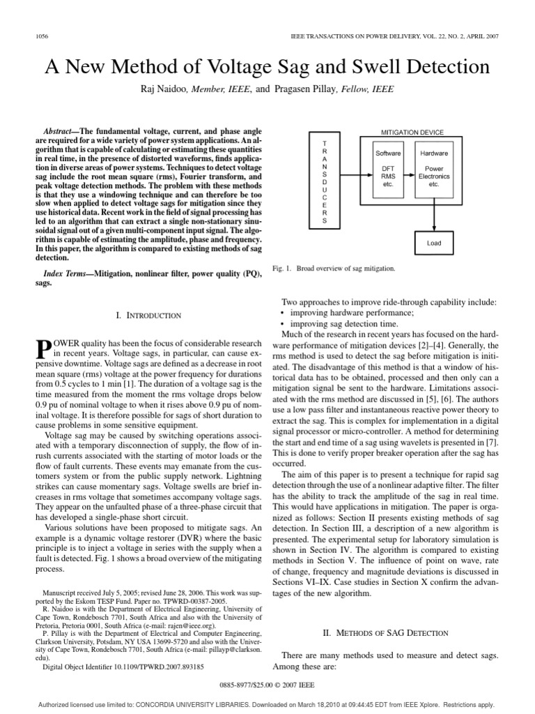 A New Method of Voltage Sag and Swell Detection: Raj Naidoo, Member, IEEE, and Pragasen Pillay ...