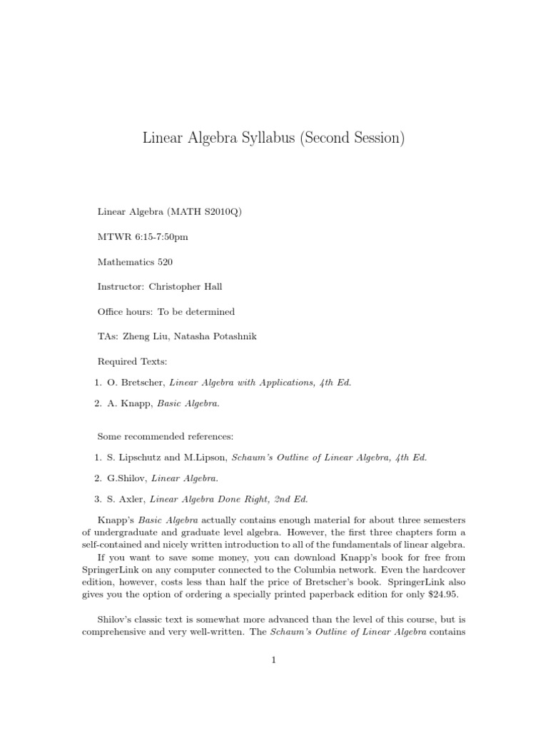 Linear Algebra Syllabus | PDF | Linear Algebra | Vector Space
