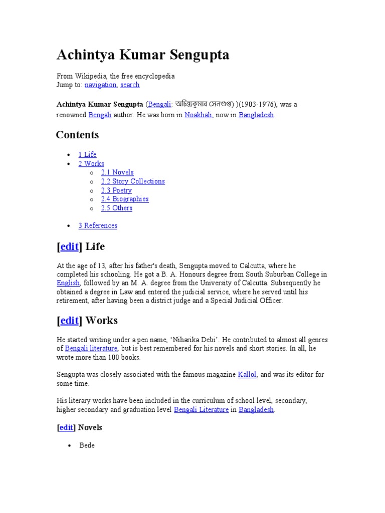 Achintya Kumar Sengupta | PDF | Works | Writing