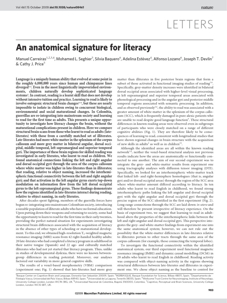 Letters: An Anatomical Signature For Literacy | PDF | Dyslexia | Literacy
