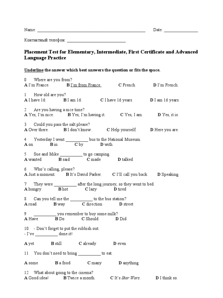 Placement Test For Elementary, Intermediate, First Certificate and ...