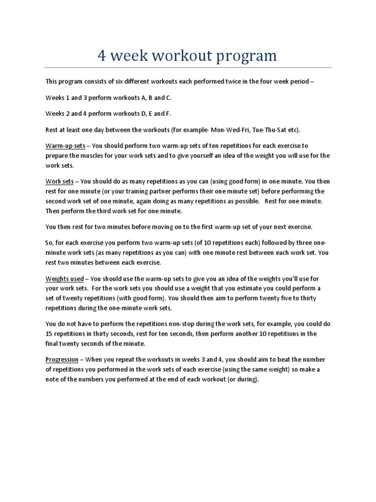 4 Week Workout Program | PDF | Physical Exercise | Human Weight