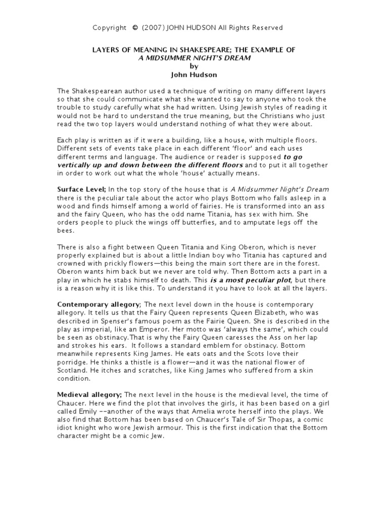 Layers of Meaning in Shakespeare | PDF | A Midsummer Night's Dream | Jesus