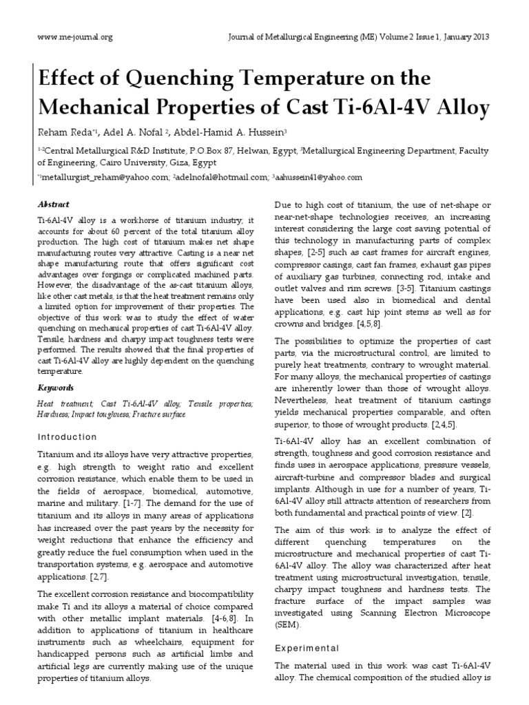 Effect of Quenching Temperature On The Mechanical Properties of Cast Ti 6al 4V Alloy | PDF ...