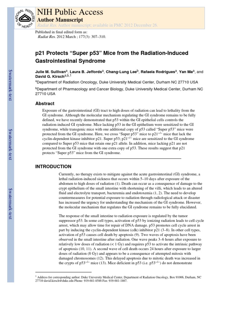 NIH Public Access: p21 Protects "Super p53" Mice From The Radiation ...
