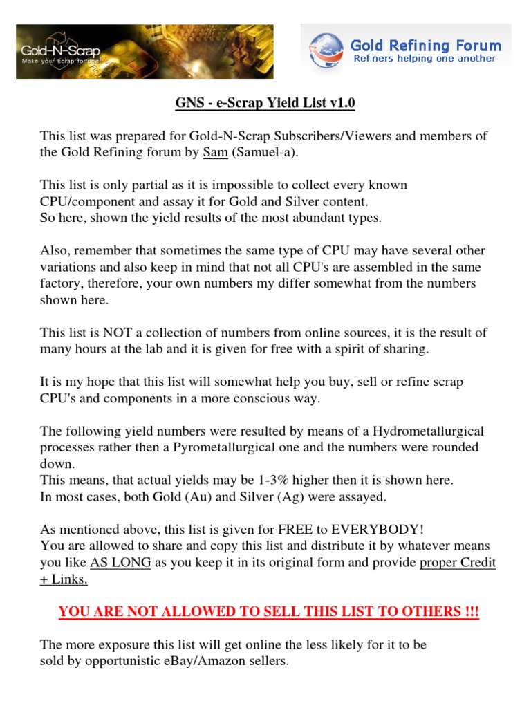 GNS - E-Scrap Yield List v1.0 | PDF | Computer Architecture | Computer ...