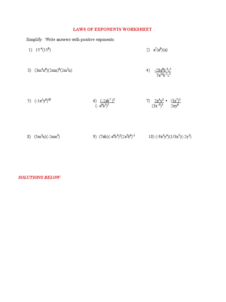 Laws of Exponents Worksheet | PDF