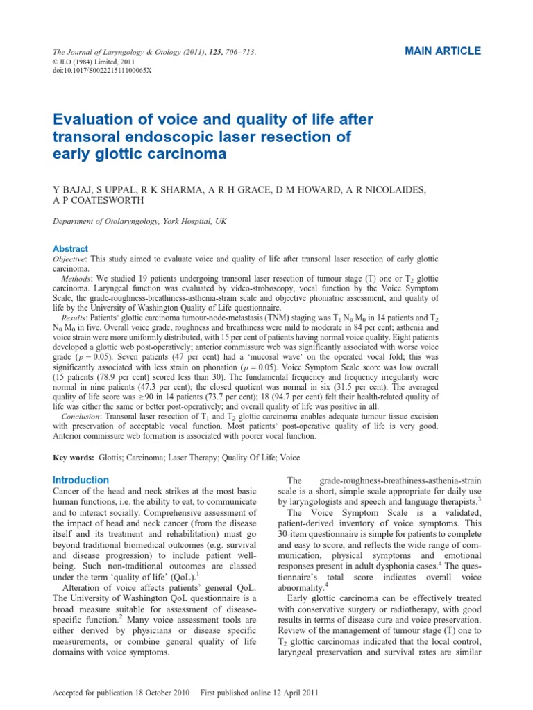 Evaluation of Voice and Quality of Life After Transoral Endoscopic ...