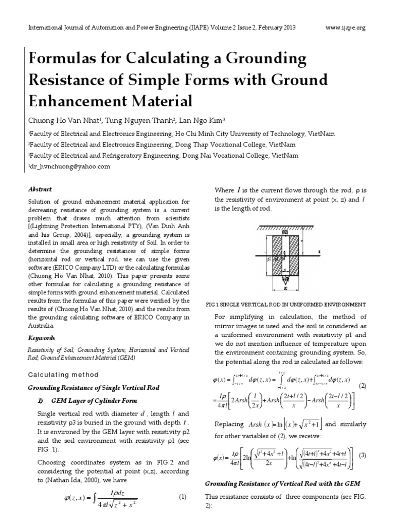 Formulas For Calculating A Grounding Resistance of Simple Forms With ...