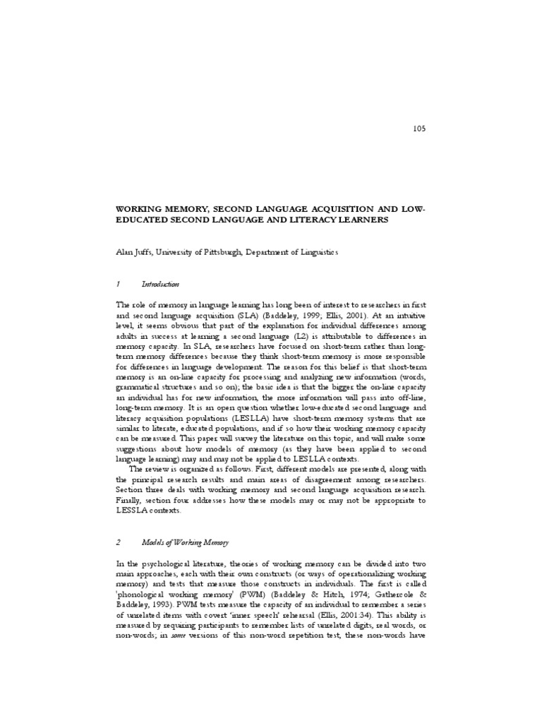 WORKING MEMORY, SECOND LANGUAGE ACQUISITION AND LOW EDUCATED SECOND LANGUAGE AND LITERACY ...