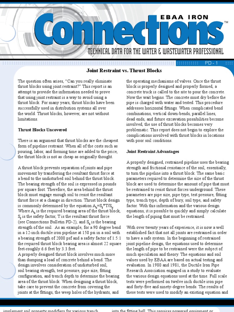 Joint Restraint Vs Thrust Block Ebaa Pdf Pdf Pipe Fluid Conveyance