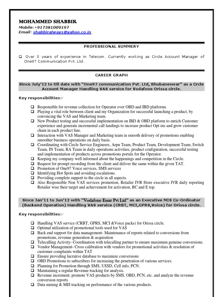 Mohammed Shabbir CV | PDF | Short Message Service | Interactive Voice ...