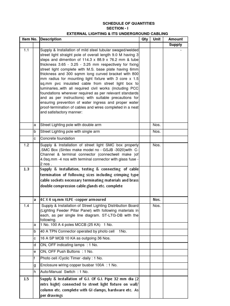 Street Light BOQ & Specification | PDF | Street Light | Electrical ...