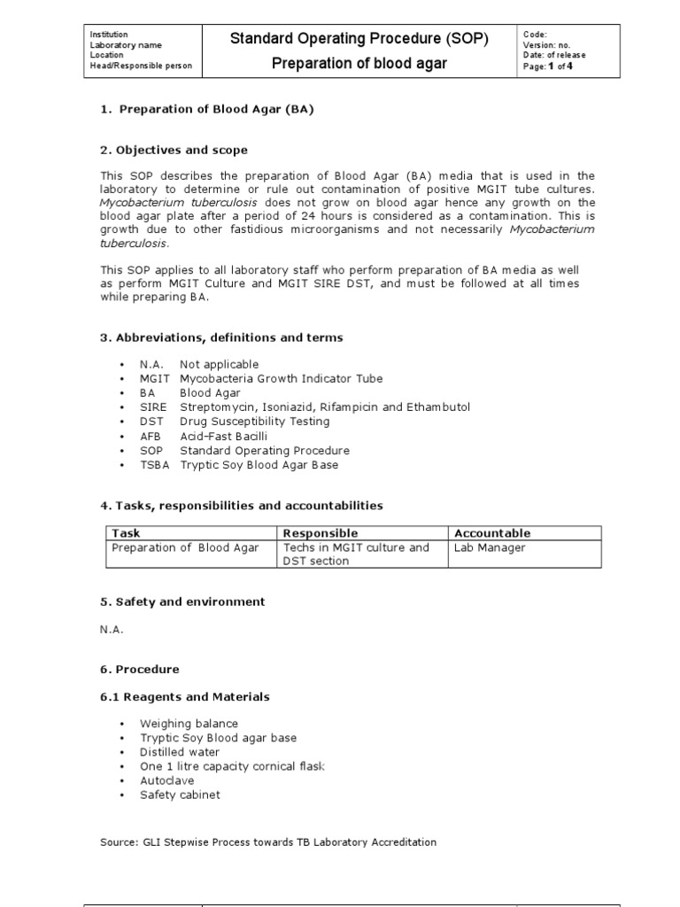 SOP Blood Agar | PDF | Agar | Tuberculosis
