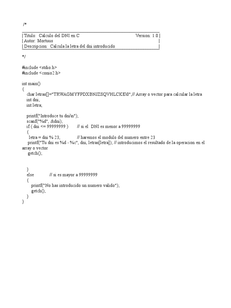 Programa Calcular DNI en C | PDF | Informática