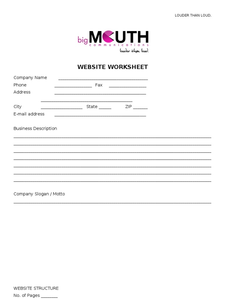 Website Worksheet BigMOUTH Communications | PDF | Career & Growth