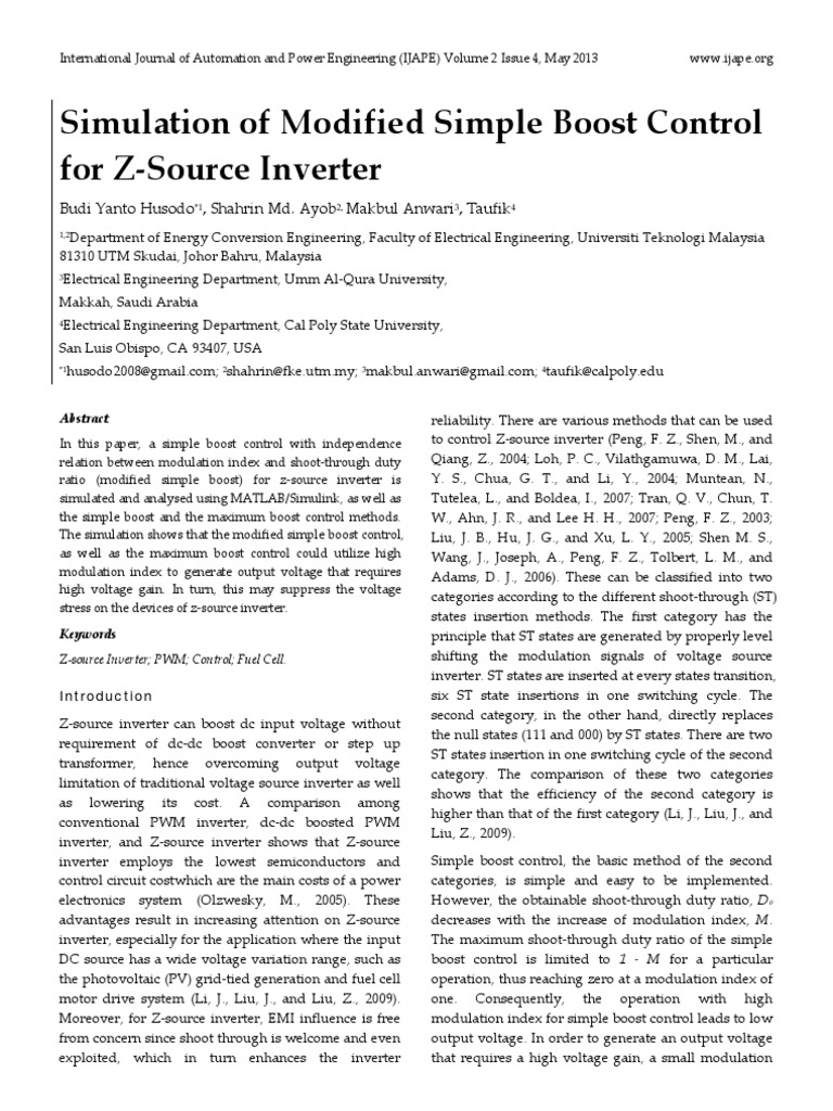 Simulation of Modified Simple Boost Control For Z Source Inverter | PDF
