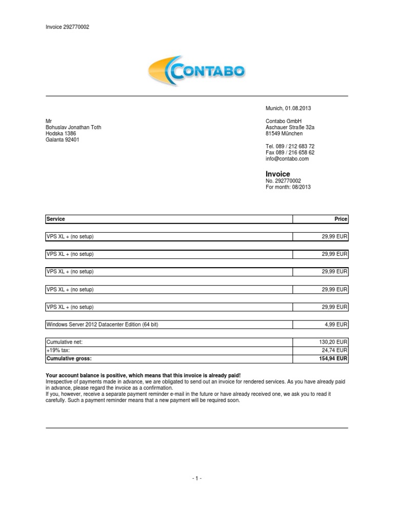 Contabo August Invoice | PDF